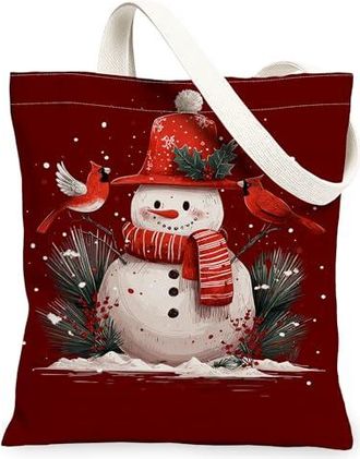 Generic Sacs fourre-tout en toile motif bonhomme de neige de No&euml;l, sacs d&eacute;picerie r&eacute;utilisables, vintage, l&eacute;gers et lavables avec bandouli&egrave;re, Rouge, 13x15 In