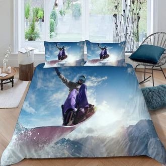 Generic Bettw&auml;sche 200x200 cm Skifahren 3 Teilig Bettbezug 200 x 200 Schneebedeckte Berge Bettw&auml;sche-Sets 3D Weiche Mikrofaser Bettbezug Set mit Rei&szlig;verschlus