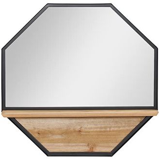 HOMCOM Miroir mural octogonal en m&eacute;tal avec &eacute;tag&egrave;re en bois, d&eacute;coration dint&eacute;rieur moderne, 61x61cm noir