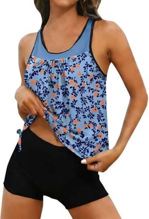 Generic Maillot de bain tankini deux pi&egrave;ces pour femme avec short boyleg - Contr&ocirc;le du ventre - Taille haute - D&eacute;bardeur de bain vintage &agrave; imprim&eacute; floral - Po