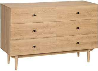 HOMCOM Commode 6 tiroirs, Meuble de Rangement avec Pieds en Bois Massif, Finition Bois veiné, 120 x 40 x 80 cm, Marron Clair