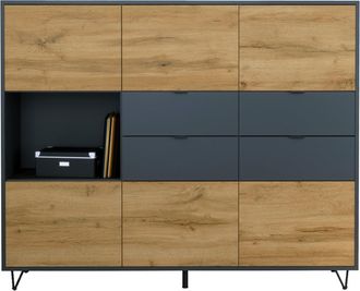 Vladon Highboard Marino V2, Sideboard mit 6 Türen Eiche Evoke und 4 Schubladen Anthrazit matt, Made in Germany, Korpus Anthrazit matt (152,5 x 125,5 x 37 cm)