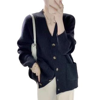 Generic Pull d&eacute;contract&eacute; dhiver &agrave; manches longues en tricot avec poche pour femme avec col en V, bleu marine, Taille XS