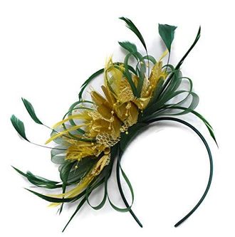 Caprilite Serre-t&ecirc;te bibi vert et dor&eacute; avec plumes pour mariage, courses royales dAscot