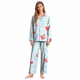 Generic Ensemble de pyjama 2 pi&egrave;ces en satin de soie pour femme - Imprim&eacute; coeur - Chemise &agrave; manches longues et pantalon - V&ecirc;tement de d&eacute;tente ample et confort