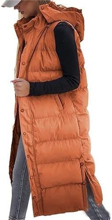 Generic Upliftjoys Gilet long sans manches pour femme, capuche matelass&eacute;e et fermeture &agrave; boutons, pour lhiver, Orange, 4XL