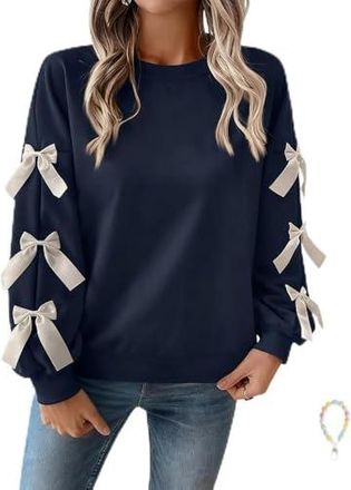 Generic Sweat-shirt tendance &agrave; manches longues et col rond avec noeud mignon pour femme, bleu marine, M