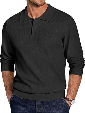 Coofandy Pulls Homme à Col Polo Manches Longues Pull Tricoté en Maille Classique Pullover Homme Hiver Decontracté Business Pull Couleur Unie Slim Fit Noir 3XL