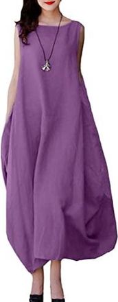 Onsoyours Femmes Coton Lin Robes D&eacute;contract&eacute; &agrave; Manches Courtes Couleur Unie Robes Mi-Longues Robe Evas&eacute;e Robes Fluides Amples Et&eacute; E Violet L