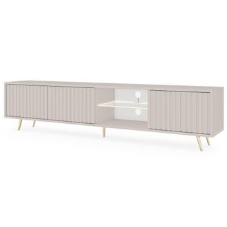 Selsey TV Schrank Board Sideboard Fernsehtisch Fernsehschrank Mit Lamellen Und LED Beleuchtung 175 cm Goldene Beine Grau Beige Bello