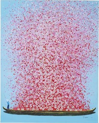 Kare Design Design Bild Touched Flower Boat Blau/Pink, Gem&auml;lde, Pastellfarben, Asia-Stil, buntes Wandbild, Canvas-Leinwand, Massivholz Rahmen, handgemalte Details