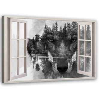 Feeby Leinwandbild - Bilder Wohnzimmer - Fensterblick Wolf Tiere Grau Schwarz - 90x60 cm 1tlg - Deko Schlafzimmer - Wanddekoration - Aesthetic - Groß Modern