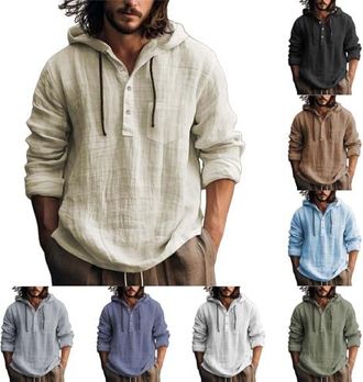 Generic Chemises en lin pour homme - Manches longues - Coupe ajust&eacute;e - Coton et lin - Respirant - Chemise l&eacute;g&egrave;re &agrave; manches longues - Poche poitrine - Chemise 