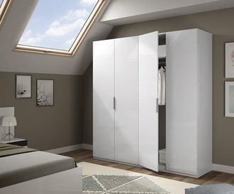 Dmora Grande Garde-robe Knoxville, Armoire de chambre avec 4 portes battantes, Armoire avec 2 étagères et tringle à vêtements, 180x52h200 cm, Blanc