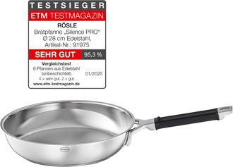 Rösle SILENCE PRO Bratpfanne, Hochwertige Pfanne aus Edelstahl mit Silikongriff, 28 cm, Edelstahl 18/10, induktionsgeeignet, spülmaschinengeeignet,Silberfar