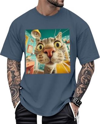 Generic T-shirt surdimensionn&eacute; pour homme - Col rond imprim&eacute; chat | T-shirt d&eacute;t&eacute; &agrave; manches courtes en coton coupe ample pour v&ecirc;tements de rue, noir fonc&eacute;, 5XL