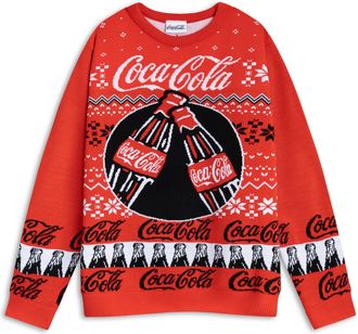 Coca Cola Ware Roter Weihnachtspullover mit Fair-Isle-Logo f&uuml;r Herren | Lang&auml;rmliger Rundhalsausschnitt f&uuml;r Feiertage | Festliche Kleidung f&uuml;r Weihnachten Merchandis