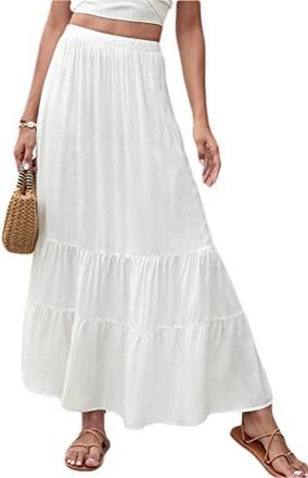 Onsoyours Jupe Boho Femme Longue en Coton Casual Jupe Volant Printemps Été Décontractée Vacances Plage Danse Fête Pure Couleur Jupe A Blanc L