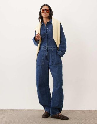 Asos combinaison en jean &agrave; jambe barrel bleu moyen fonc&eacute;