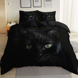 Generic Reversibel Bettbezug 150 x 200 cm, Tierisches Katzenportr&auml;t Weich Atmungsaktiv Mikrofaser Bettw&auml;sche-Set mit Bettbezug und Kissenbezug, Schwarzer Katz