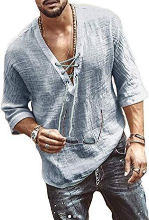 ORANDESIGNE Hommes Chemises Solid Manches Longues Slim Fit Mode &agrave; Lacets &agrave; Col en V pour Hommes Chemise &agrave; Manches Vintage Ample Z1 Gris 3XL