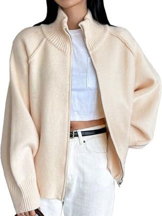 Generic Pull à fermeture éclair pour femme en tricot torsadé ouvert sur le devant, beige, M