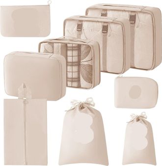 Generic 9-teiliges Set, tragbare Mesh-Daten-Gep&auml;ckaufbewahrungstasche, Unterw&auml;sche-Kleider-Organizer mit Schuhen, Kabeltaschen, Reiseverpackungsw&uuml;rfel(Ivory)