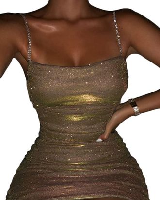 Minetom Damen Paillettenkleid Ärmellos Retro Partykleid Ballkleid Abend Kostüm Minikleid Elegante Festliches Kleid Cocktailkleid für Hochzeit A Gold L