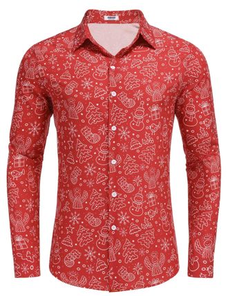 Coofandy Herren Weihnachts Hemd Lustige Funky Hemden Print Hemd Langarmhemd Weihnachtsdruck Weihnachtshemd Freizeithemd Weihnachtsmann Muster Xmas Hemden Weihn