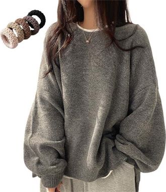 Generic Chandail en tricot uni &agrave; col ras-du-cou pour femme, chandail &agrave; manches longues avec &eacute;paules tombantes, ourlet fendu sur le c&ocirc;t&eacute;, haut d&eacute;contract&eacute; surd