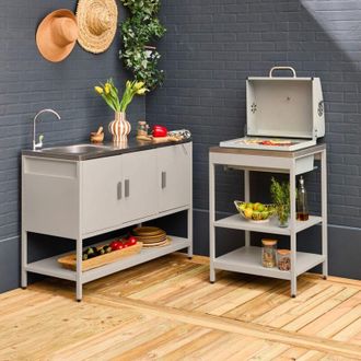 Sweeek Cuisine ext&eacute;rieure Naxos 2 modules acier inoxydable beige barbecue au charbon avec &eacute;vier