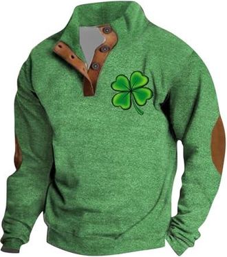 Generic Pull imprim&eacute; tr&egrave;fle vert pour homme sans capuche sweatshirt manches longues t-shirt dext&eacute;rieur avec 1/4 bouton pull de transition col montant haut con