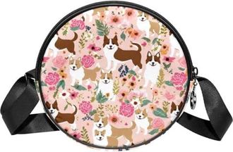 Generic Sac &agrave; bandouli&egrave;re rond pour femme, motif fleurs Corgi, petit sac &agrave; bandouli&egrave;re avec fermeture &eacute;clair, bretelles r&eacute;glables, sac &agrave; main rond d&eacute;contract&eacute;