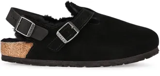 Birkenstock Womens Tokio Leather & Fur Slippers Black Flat Shoes