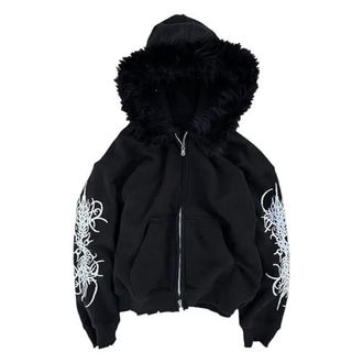 Generic Y2K Sweat &agrave; capuche vintage zipp&eacute; avec capuche en fourrure, imprim&eacute; ann&eacute;es 2000, surdimensionn&eacute;, streetwear, gothique, punk, unisexe, l&eacute;ger et d&eacute;contr