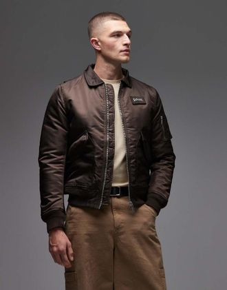 Schott NYC Veste courte matelassée zippée avec poche et logo écusson - Marron foncé-Brown