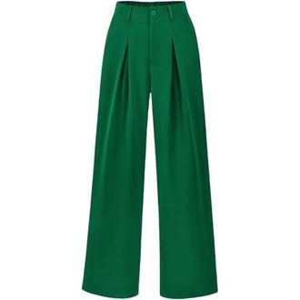 Generic Pantalon large taille haute pour femme, coupe ample, taille élastique, pantalon plissé sur le devant, pantalon palazzo de travail de bureau, Vert, XXL