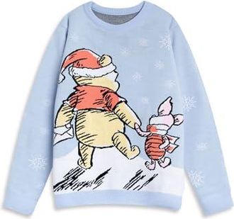 Disney Pull de Noël Bleu Clair à Manches Longues Winnie lourson et Porcinet pour Femme | Imprimé Flocons de Neige | Tenues de fête pour Noël | Produits dériv