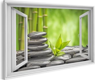 Islandburner Prime Bild auf Leinwand Offenes Fenster zur Zen Entspannung mit Bambus und Steinen Bilder Wandbilder Poster