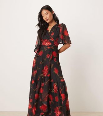 Hope & Ivy Petite Robe portefeuille longue &agrave; imprim&eacute; fleuri - Noir/rouge