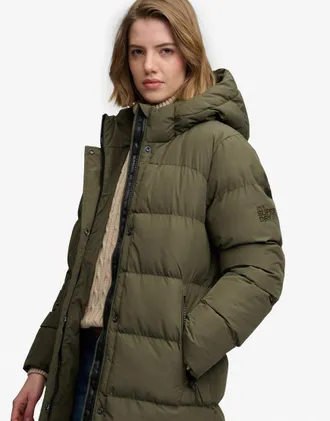 Superdry mittellange Pufferjacke mit Kapuze in gewaschenem Khaki-Gr&uuml;n