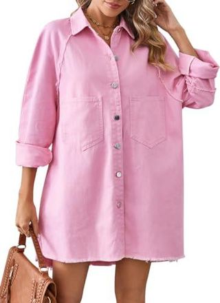 TOMWELL Robe Jean &Eacute;t&eacute; Femme Manches Longues Robe De Plage R&eacute;tro Denim Robes Tourner Le Col D&eacute;contract&eacute;e Couleur Unie Tuniques Ample Chemisier en Jean Mini Rob