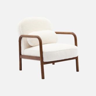 Sweeek Fauteuil scandinave Bois dh&eacute;v&eacute;a teint&eacute; Noyer Clair et Tissu Fausse Fourrure