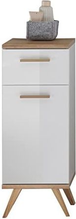 PELIPAL Badezimmerschrank Quickset 923 in Wei&szlig; Glanz/Riviera Eiche quer Nachbildung, 35,5 cm breit | Unterschrank mit 1 T&uuml;r, 1 Schubkasten und 2 Glas-Einlegeb