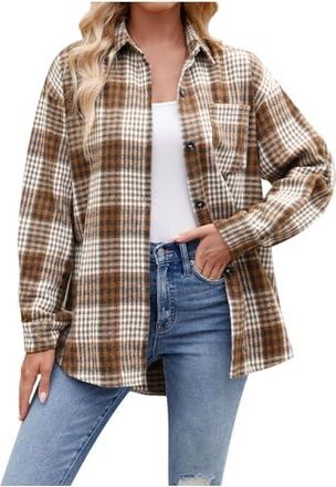 Generic Vestes dautomne d&eacute;contract&eacute;es pour femmes 2026 &agrave; carreaux mille oiseaux boutonn&eacute;e en flanelle, kaki, XXL