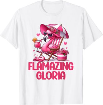 BDAZ Flamazing Gloria Pink Flamingo Tropical Beach Scene Damen T-Shirt
