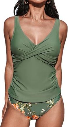 Cupshe Tankini 2 pièces pour femme - Taille mi-haute avec fronces torsadées sur le devant, Taille XL