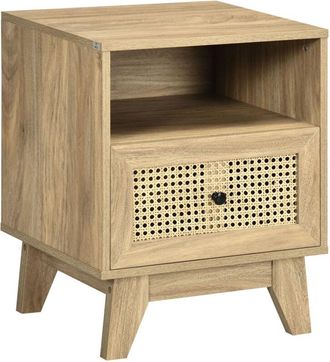 HOMCOM Table de chevet table de nuit avec tiroir porte cannage et niche vintage 45 x 39 x 56,5 cm-Bois naturel