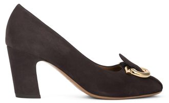 Ferragamo Womens Pumps Gancini Suede Dark Brown Goat Leather High Heel Shoes