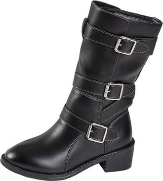 Generic Bottes &agrave; talon &eacute;pais pour femme - Large boucle - Style vintage - Couleur unie - Confortable - &Agrave; enfiler - Pour les f&ecirc;tes de vacances, Noir, 39.5 EU